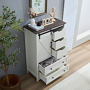 BLANKSPACE White Dresser for Bedroom with 5 Drawers, Rustic Wood Dressers with Sliding Barn Door, Farmhouse Dresser for Bedroom, Dining Room, Hallway, Antique White