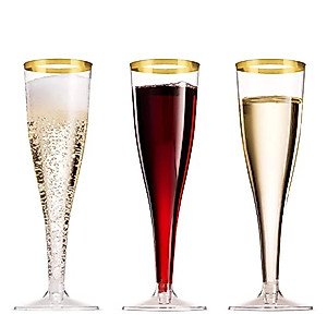 Munfix 50 Pack Gold Rimmed Plastic Champagne Flutes 5 Oz Clear Plastic Toasting Glasses Fancy Disposable Wedding Party Cocktail Cups with Gold Rim