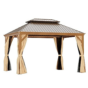 GAZEBEST 10'x12' Hardtop Gazebo Outdoor Aluminum Patio Gazebo Double Roof Galvanized Steel Gazebo Canopy Wooden Finish Coated with Netting and Curtains,for Garden Patio,Patio Backyard,Deck and Lawns