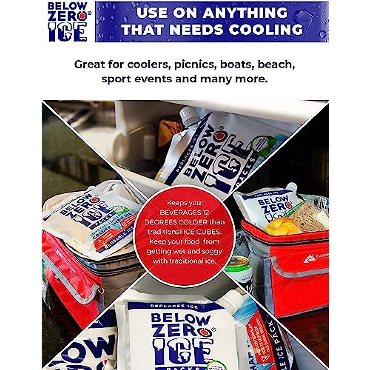 Below Zero Jumbo Reusable Ice Packs for Large Coolers and Lunch Bags – Patent Pending - Colder and Longer Lasting Technology, Up to 48 Hour Cooling Ice Gel Pack. Add Water and Freeze - 4PK XL 14”x10”