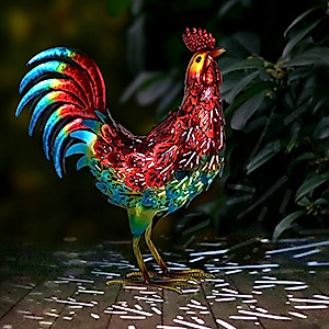 Kircust Solar Metal Rooster Animal Lights Garden Sculptures Art Decor, Outdoor LED Light Color Chicken Statue for Farm Patio Lawn Back Yard Home Decorations,13.98" WX5.9 DX16.74 H