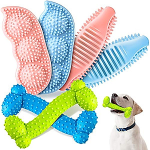 Skylety 6 Pieces Puppy Teething Chew Toys Rubber Bone-Shaped Puppy Teething Toy Pet Teething Toy for 2-8 Months Puppy Teeth Cleaning and Relieving Itching (Blue, Pink, Yellow Green)