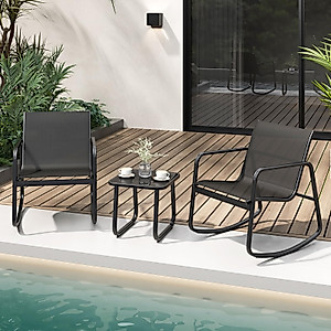HAPPYGRILL 3 Piece Patio Rocking Bistro Set with Glass-Top Table, Rocking Bistro Chairs, Small Patio Furniture Set Outdoor Rocker Chair Conversation Set for Porch, Yard, Balcony