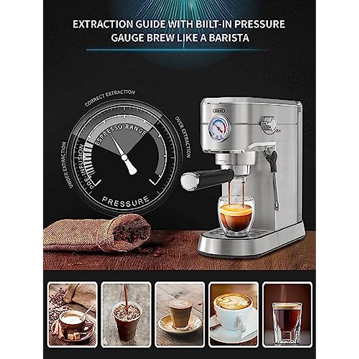 Gevi 20 Bar Compact Professional Espresso Coffee Machine with Milk Frother/Steam Wand for Espresso, Latte and Cappuccino, Stainless Steel, 35 Oz Removable Water Tank