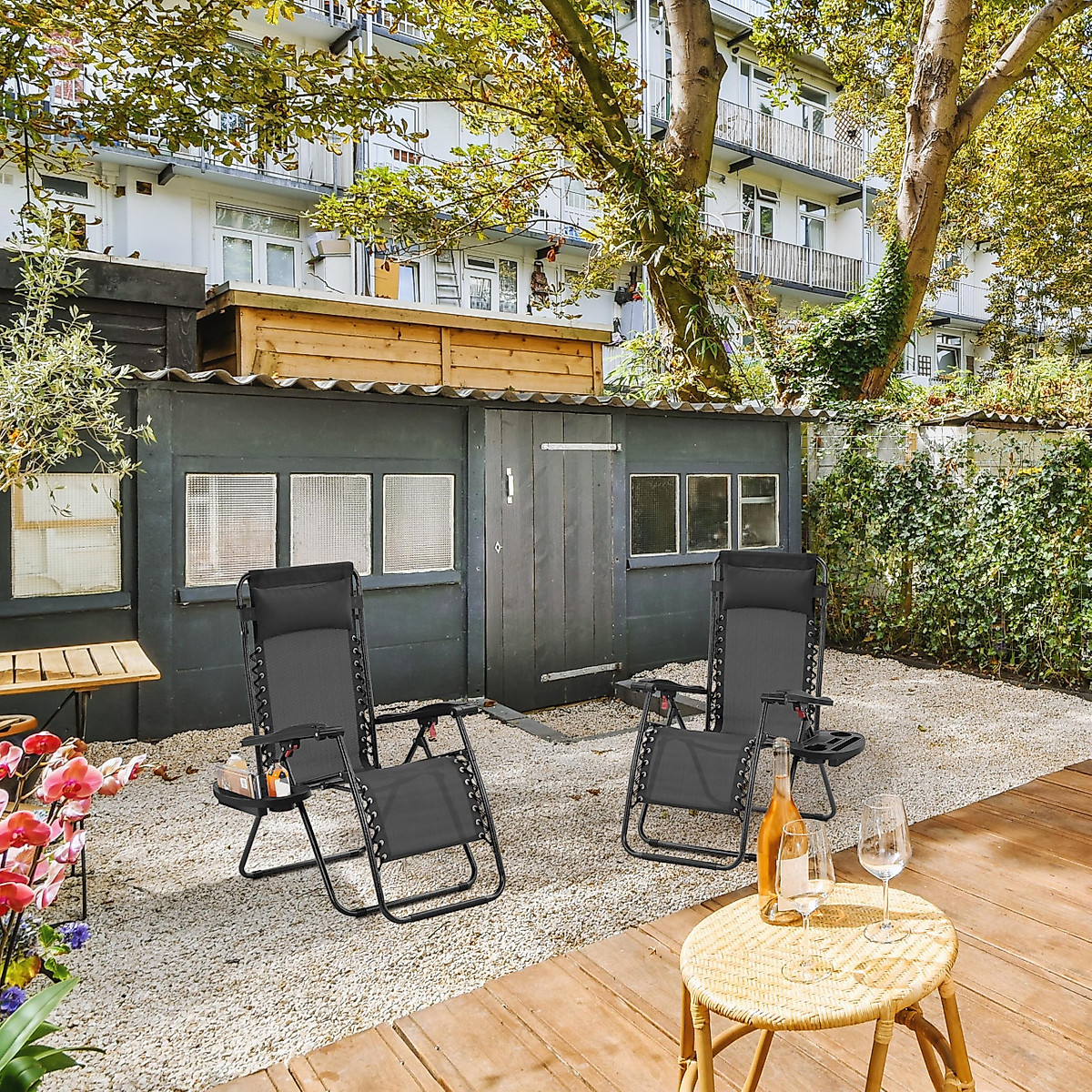 Yaheetech Zero Gravity Recliners Outdoor Adjustable Folding Reclining Lounge Chairs w/Pillows, Cup Holder Trays and Carry Strap for Patio Backyard Beach Black Set of 4