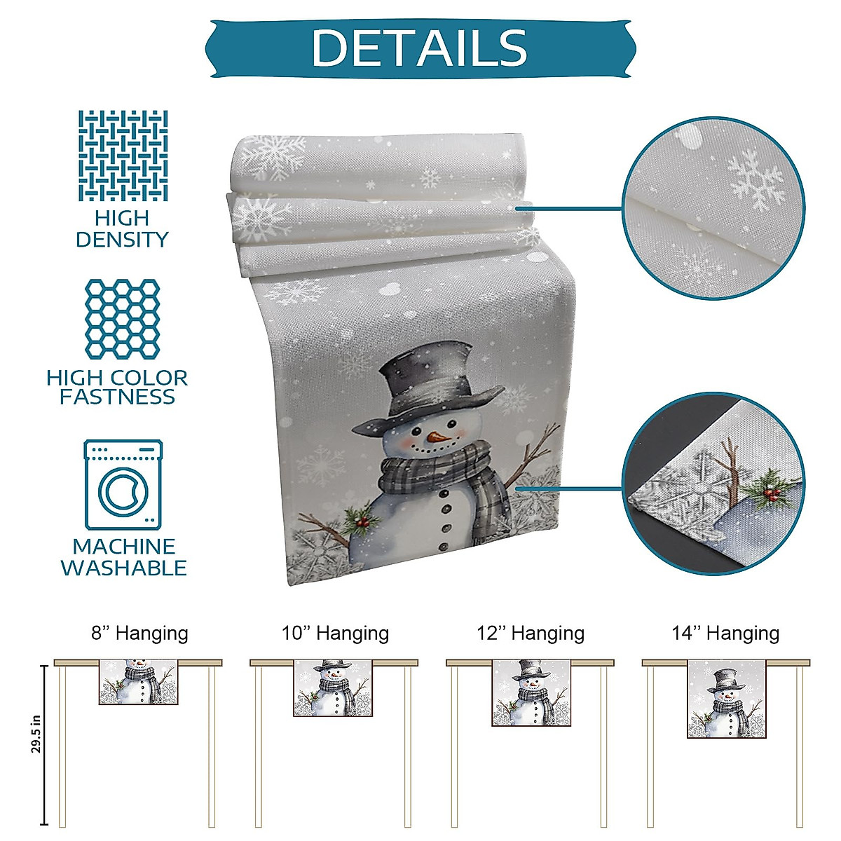 Grey Snowman Christmas Table Runner 36 Inches Long, Xmas Berry Botanical Farmhouse Dress Scarves, Winter Snowflake Dining Tablerunner for Coffee Table/Kitchen Island/Christmas Party, Small 13"x36"