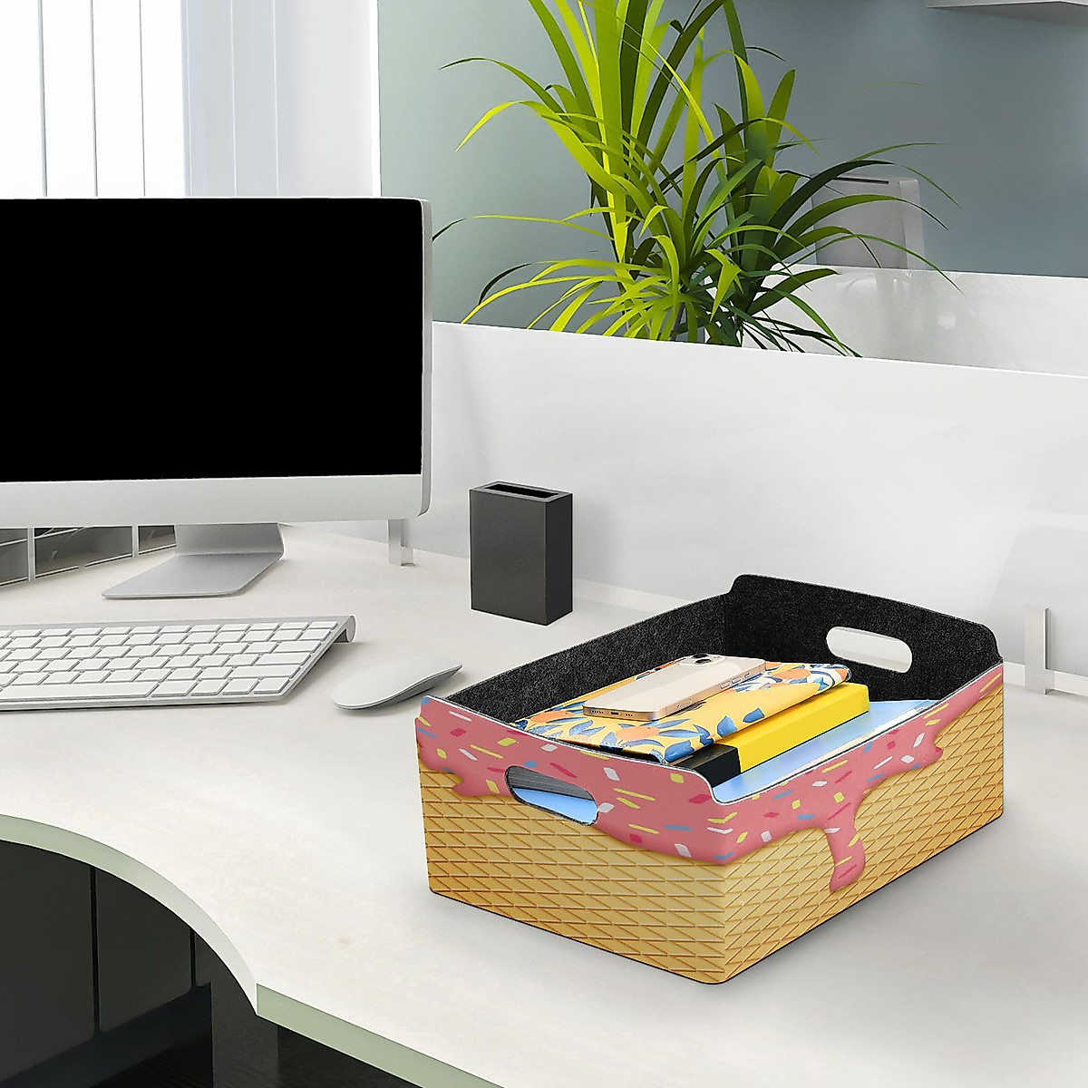 Kigai Ice Cream Cone Storage Basket, Foldable Open Storage Bins with Double Handle, Felt Storage Boxes for Office Desk, Rectangular Closet Organizer Containers for Home Bedroom