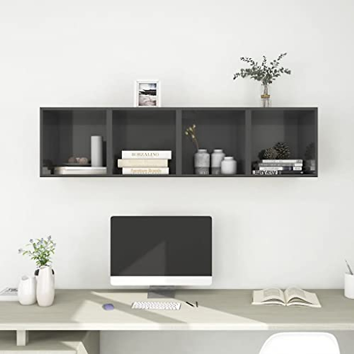 DiMorture Floating Shelves Square Cube Storage Shelves Set of 4, Easy-to-Install Wall Mounted Display Shelves TV Cabinet for Bedrooms and Living Rooms, High Gloss Grey