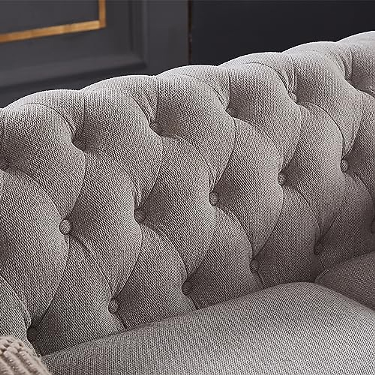 ERYE 88.5" 3-Seaters Chesterfield Sofa&Couch, Clasic Luxury Roller Armrest Special Wood Legs Sectional,Button Tufted Linen Upholstered Modular Sofa Couch with Removable Cushions & Nailhead Decor