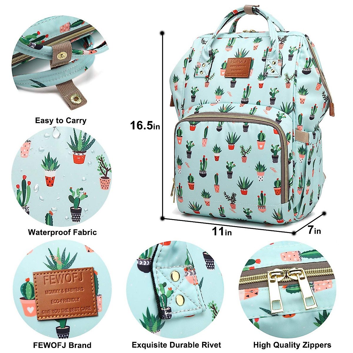FEWOFJ Cactus Diaper Bag Backpack, Women Waterproof Travel Nappy Bag for Baby Care