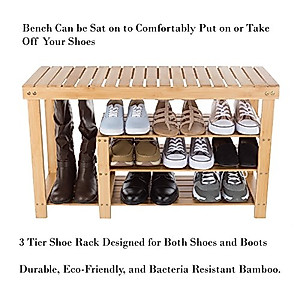 Lavish Home 3-Tier Bamboo Shoe Rack – Mud Room Organization and Storage Bench with Natural Wood Seat for Boots and Sneakers, Brown
