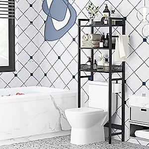 Furnulem 3 Tier Over The Toilet Storage Rack Black Bathroom Storage Shelf Wooden Space Saver Organizer, Above Toilet Stand, with Towel Bar and Toilet Paper Holder,1 Baskets