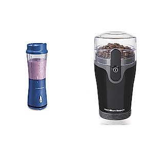Hamilton Beach Personal Smoothie Blender With 14 Oz Travel Cup And Lid, Blue 51132 & Fresh Grind Electric Coffee Grinder for Beans, Spices and More, Stainless Steel Blades, Black