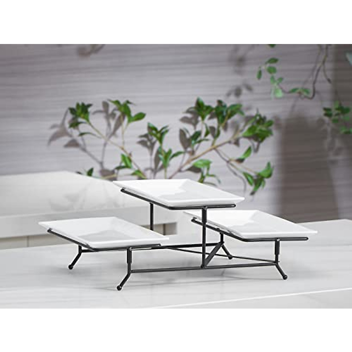 ONEMORE 3 Tier Serving Tray - Collapsible Tiered Stand and Ceramic Serving Platters - Cross Bars Included - White