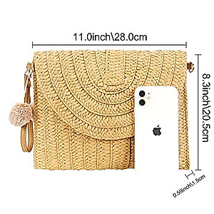 Straw Shoulder Bag Straw Clutch Straw Crossbody Bag Handmade Straw Beach Bag for Women Envelope Purse Wallet with Hand-woven Pompom (Light Brown)