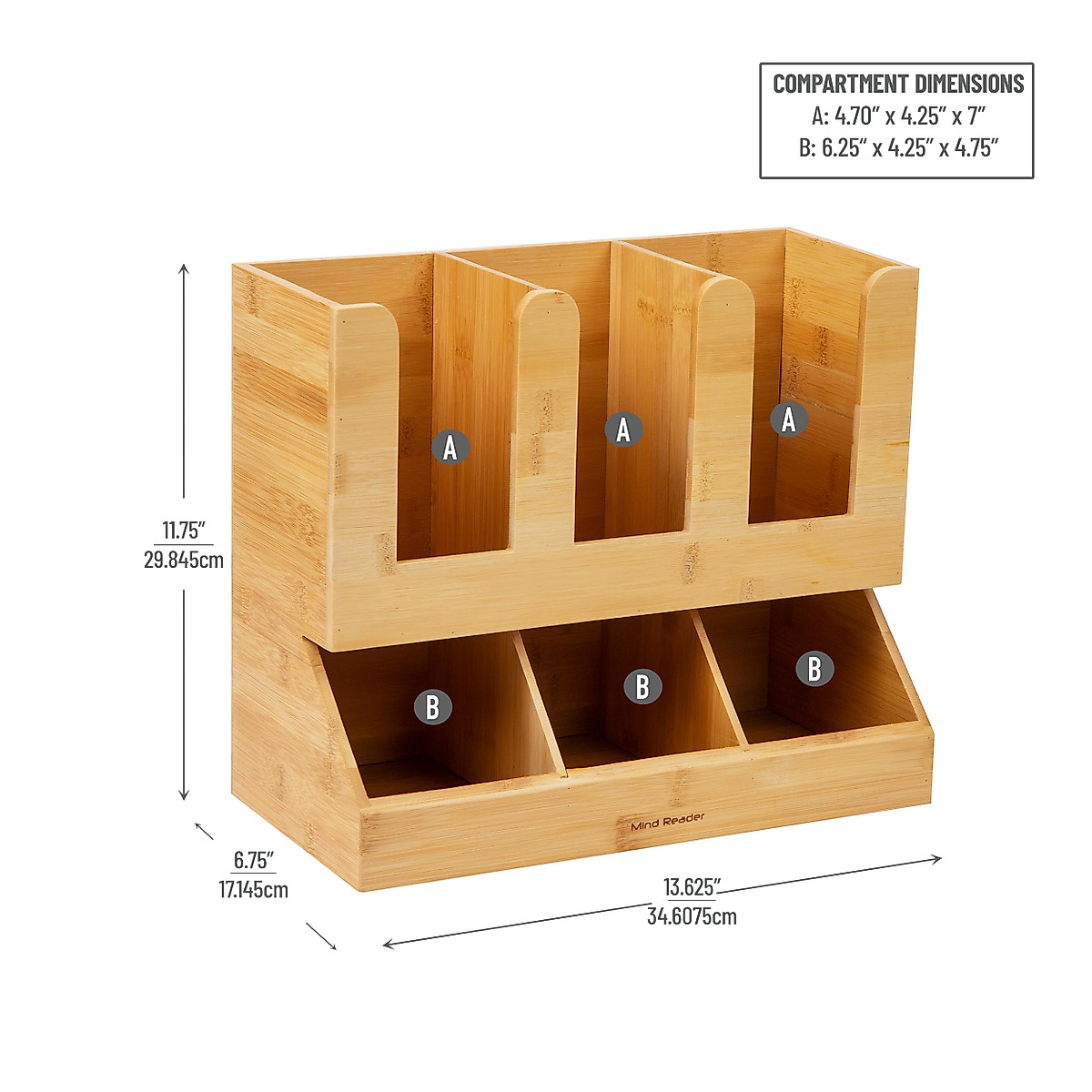 Mind Reader 6 Compartment Bamboo Upright Coffee Breakroom Condiment and Cup Storage Organizer, Brown