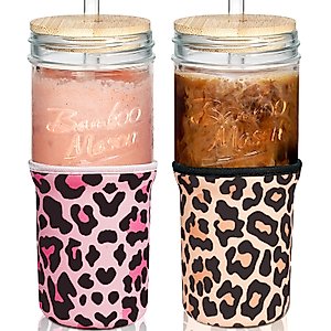 ANOTION Glass Cups with Lids and Straws - 24oz Ice Coffee Cup with Neoprene Sleeve, Drinking Glasses Tumbler Set of 2, Cute Bamboo Mason Jars, Glass Tumbler Travel Cup Smoothie Cup - Gifts for Women