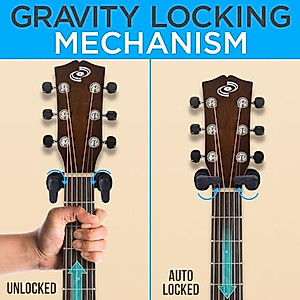 Pyle Guitar Wall Mount Hanger with Auto Lock, Universal Hook Holder with Sapele Hard Wood Base, 45 Degree Swivel, EVA Cushion for Electric and Acoustic Guitars