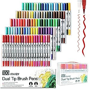 YISHANER 100 Colors Dual Tip Brush Pens Highlighter Art Markers 0.4mm Fine liners & Brush Tip Watercolor Pen Set for Adult and kids Coloring Books Bullet Journal, Calligraphy, Hand Lettering