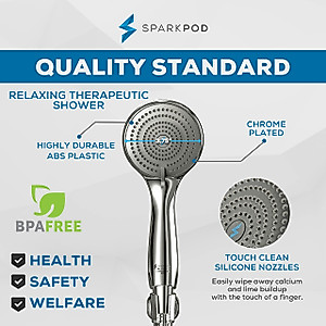 SparkPod High Pressure 3-Function Handheld Shower Head with 5 ft. Hose and Bracket - 3.75" Wide Angle Rain, Massage & Full Body Spray Modes - 1-Min Installation (Luxury Polished Chrome)