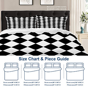 Batmerry Black White Diamond Queen Size 3 Pieces Bedding Comforter Cover Sets,Soft Fluffy Abstract Black and White Harlequin Pattern Printed Duvet Cover for All Season