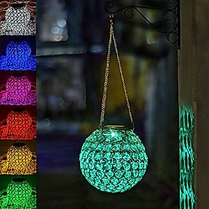 Solar Lantern Hanging Outdoor Christmas Decorative, Dual LEDs Dia 7.5‘’ Color Changing and Cool White Crystal Globe Hanging Lights Waterproof with S Hooks Decor in Garden, Pathway, Front Door-White