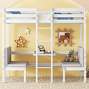 Metal Loft Bed Twin Size, Twin Loft Bed with Desk and Bench, Twin Size Loft Bed Turn into Twin Bunk Beds, Twin Loft Bed with Ladder and Full-Length Guardrail(Cushion Sets are Free), Twin White