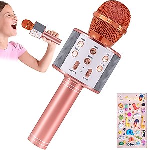 Sovvid Karaoke Microphone for Kids with Animal Stickers, Wireless Bluetooth Karaoke Mic for Singing, Portable Handheld Mic Speaker Player Machine, for Teens Adults All Age(Rose Gold)