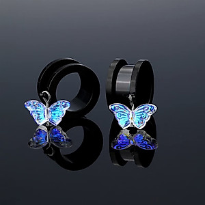 COCHARM 2PCS 00g Black Ear Gauges for Women 10mm Dangle Screw on Back Gauge Earrings Stainlessl Steel Black 00 Gauge Tunnels for Ears Dangling Butterfly 00g Plugs Gauges