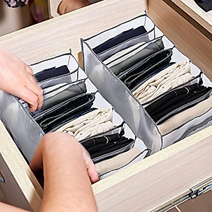 2PCS Washable Wardrobe Clothes Organizer, 7 Grids Foldable Visible Clothes Compartment Storage Box Closet Drawer Organizer Mesh Separation Box for T-shirt, Skirts, Legging, Jeans, Kid Clothes (Gray)
