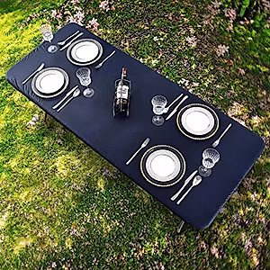 RANDLANTER Vinyl Fitted Picnic Table Cover with Elastic Edges and Flannel Backing Indoor and Outdoor Dining Room Garden Tablecloth -Dark Blue 72x28”