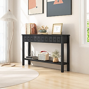 Giantex Narrow Console Table with Storage - 60" Long Sofa Side Table w/ 4 Drawers & Open Shelf, Solid Wood Legs, Rectangular Entry Table, Retro Entryway Table for Living Room Hallway, Foyer, Black