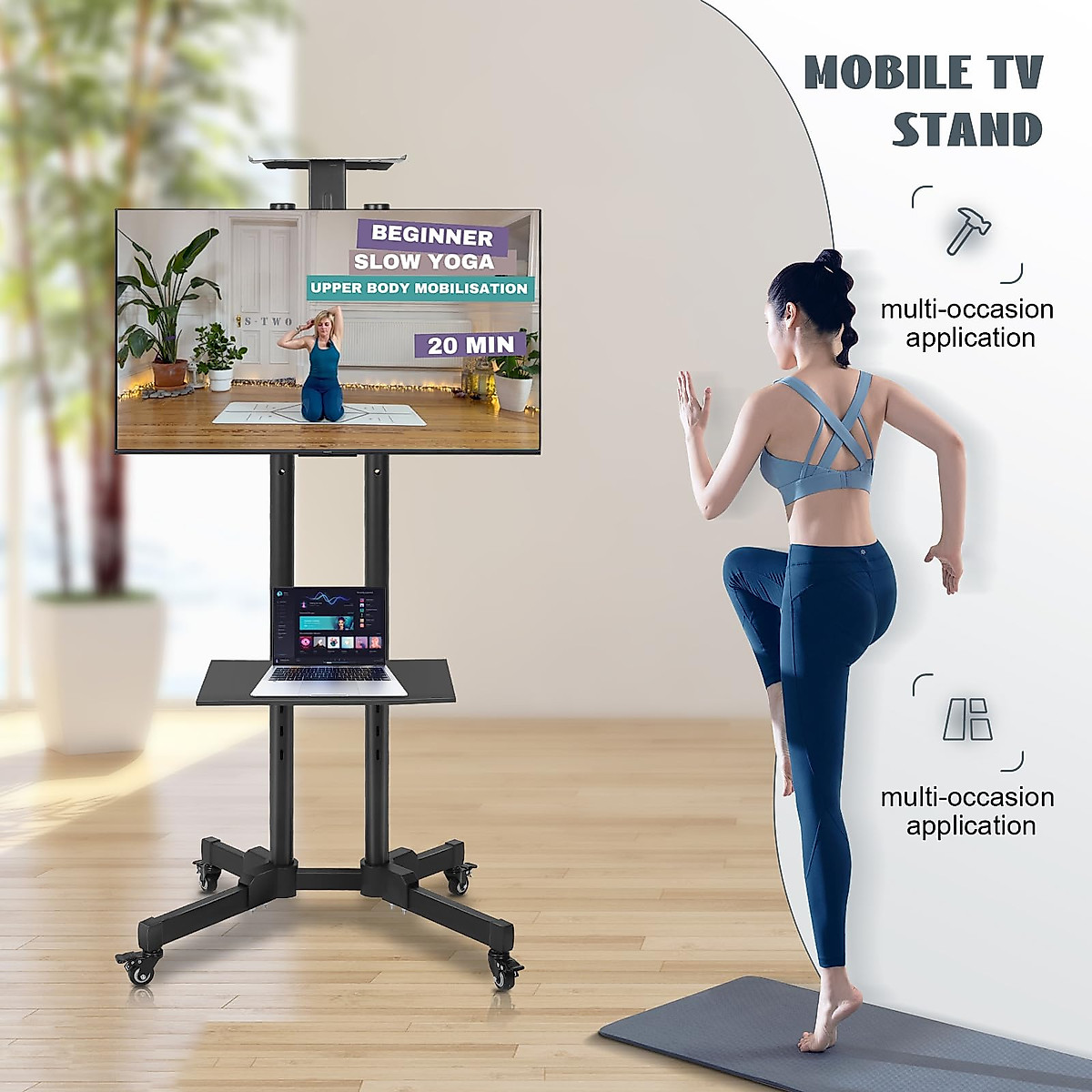 GCCSJ Mobile TV Cart for 32-70 Inch LCD LED OLED Flat Curved Screen TVs Up to 110 lbs Height TV Cart with Wheels Adjustable Portable TV with Laptop DVD Shelf, Locking Wheels, Max VESA 600x400mm