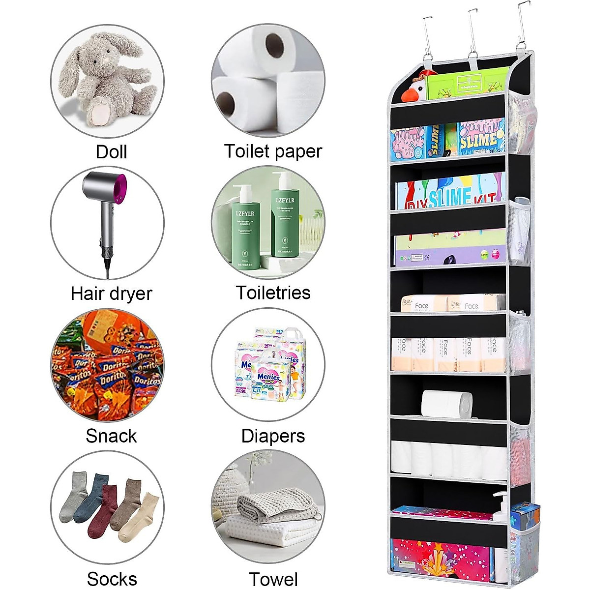 TAHAVICE 1 Pack Over The Door Storage Organizer with 5 Pockets 10 Mesh Side Pockets, 44 lbs Weight Capacity Door Hanging Organizers and Storage for Bedroom,Bathroom,Nursery,Pantry,Dorm(Black)