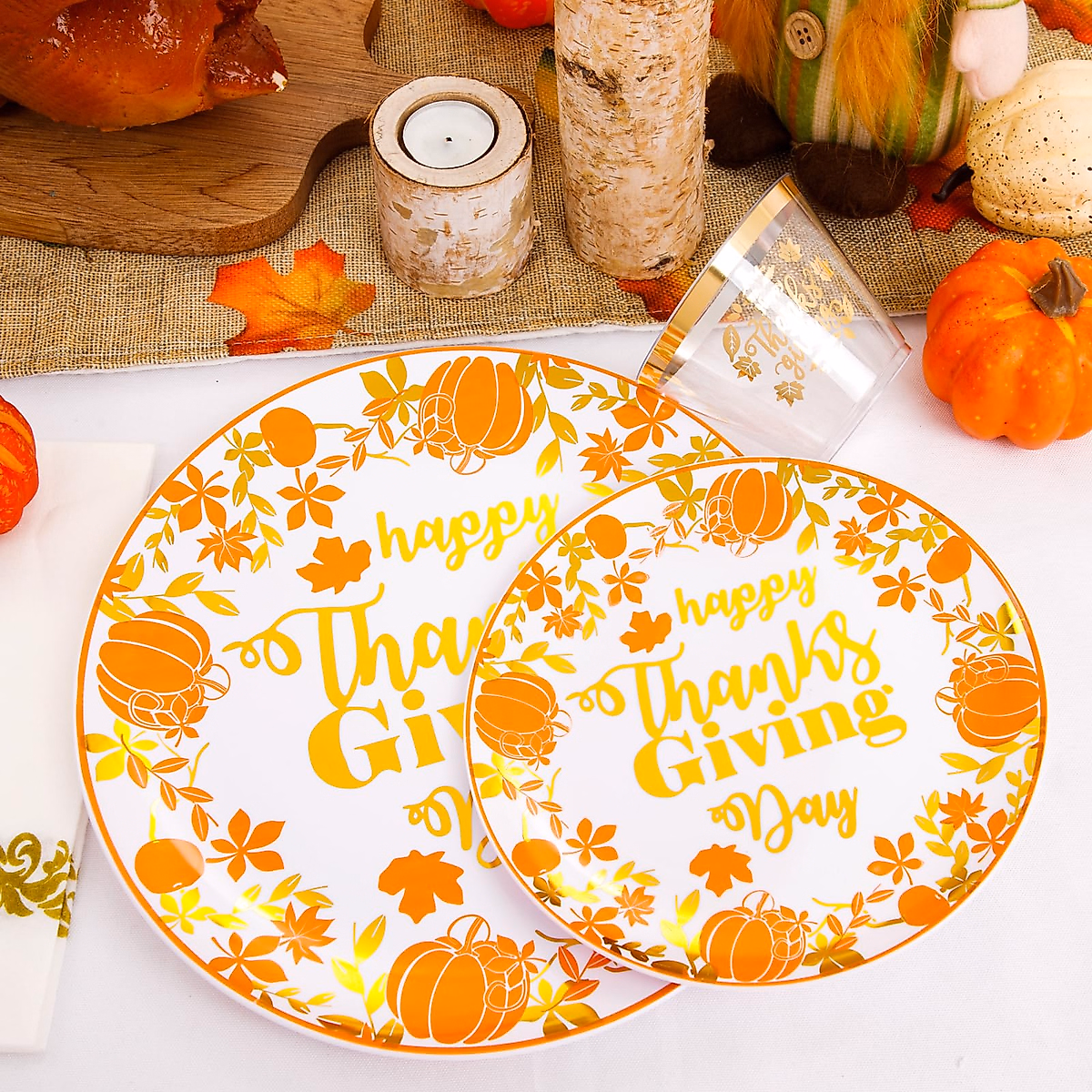 supernal 175pcs Thanksgiving Plastic Dinnerware Set,Gold Plastic Plates with Gold Plastic Silverware,Gold Thanksgiving Plastic Cups,Pumpkin and Maple Leaf Design for Thanksgiving Day Party