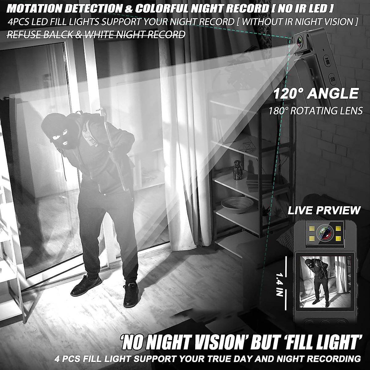 Body Camera with 1080P HD Recording 1.4 in Screen Recorder With 64GB Card, Flashlight Mode, Loop Record, 6HR Battery Life Wearable Cameras Police Cop Cam for Outdoor, Law Enforcement, Guard, Travel