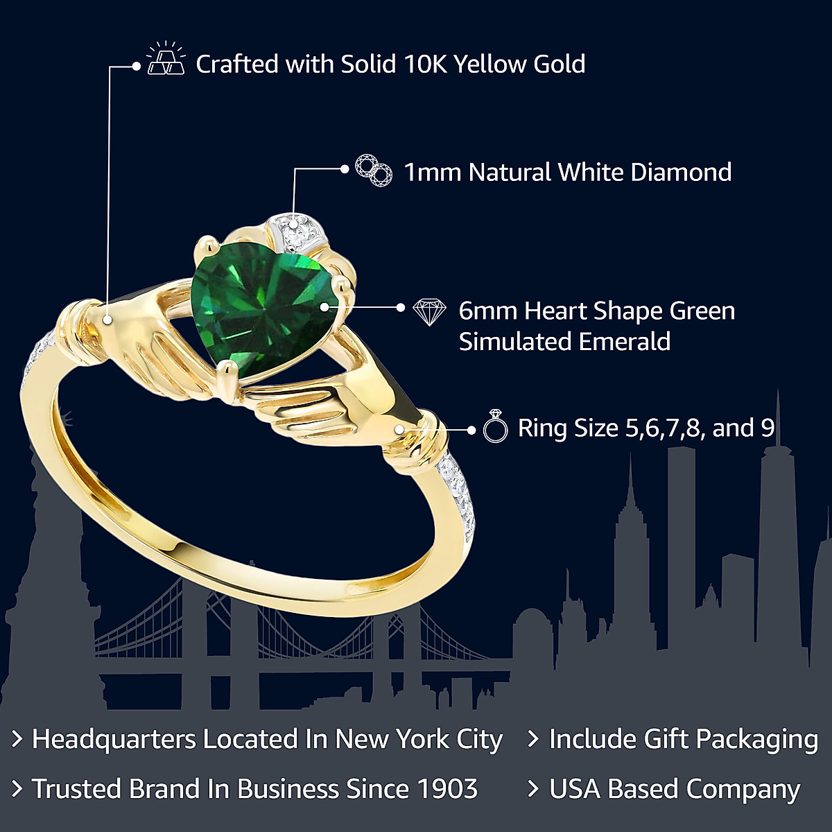 Gem Stone King 10K Yellow Gold Green Simulated Emerald and Diamond Accent Irish Celtic Claddagh Ring For Women (0.74 Cttw, Available in size 5, 6, 7, 8, 9)