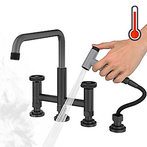 KRAUS Urbix Color-Changing Industrial Bridge Kitchen Faucet with Side Sprayer and ColorSmart Technology in Matte Black/Grey, KPF-3125MBGRCC