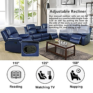 Dekmxas 2 Seater Recliner Loveseat, Bonded Leather Couch Living Room Furniture, Manual Reclining Loveseat Couch with Cup Holders and Storage Console for Home/Rv Car(Bonded Leather Blue, Loveseat)