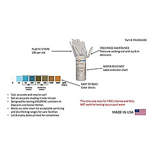 Active Chlorine Bleach Test Strips, 0-2000 ppm [Vial of 100 Plastic Strips] Designed for Daycares and Senior Homes for Sanitizing and Disinfecting