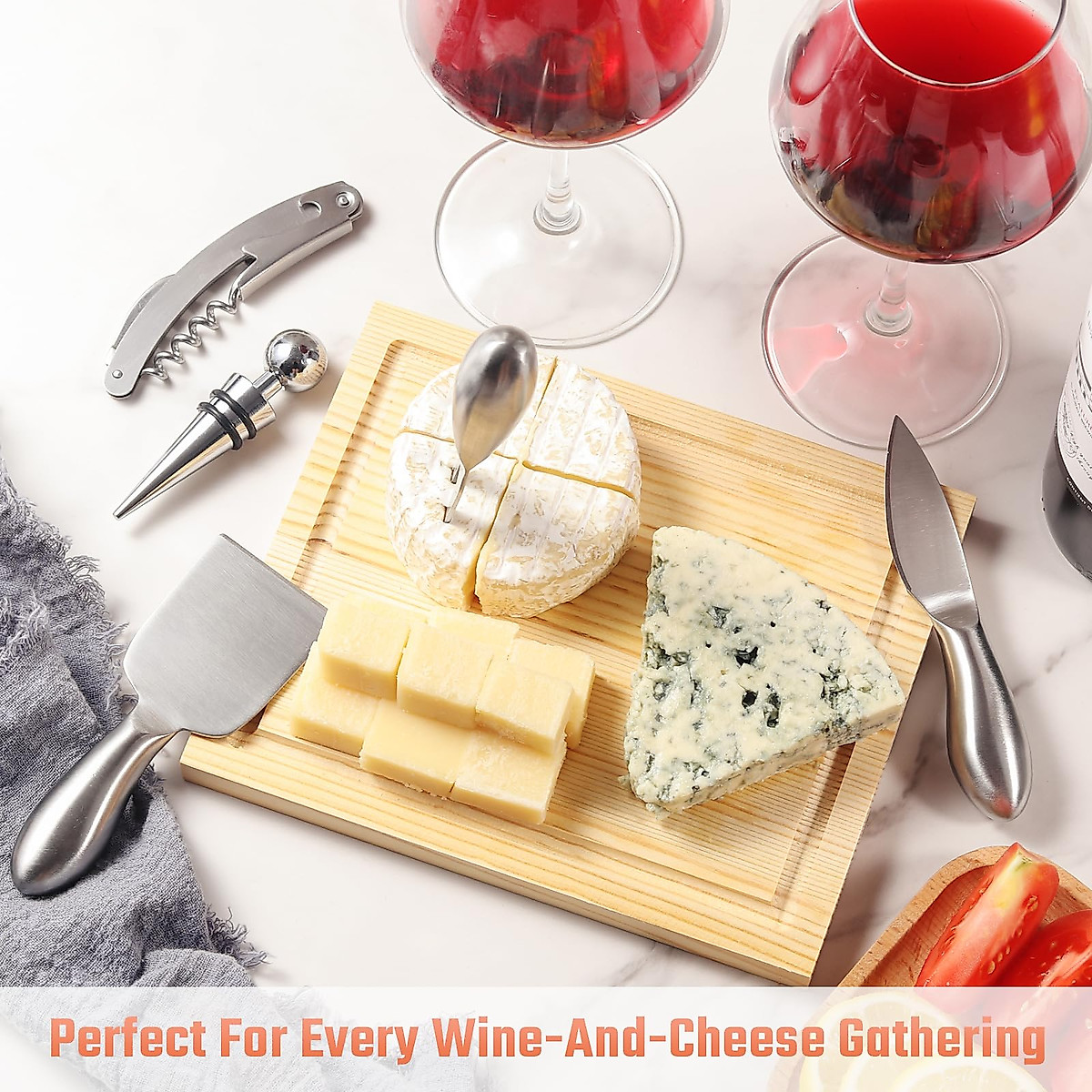 Cheese Gifts Wine Gifts，Cheese Knife Set with Cutting Board and Wine Tools，Cheese Knives for Charcuterie Board Accesories,Cheese&Wine Tools Set（Gift-Ready Box）