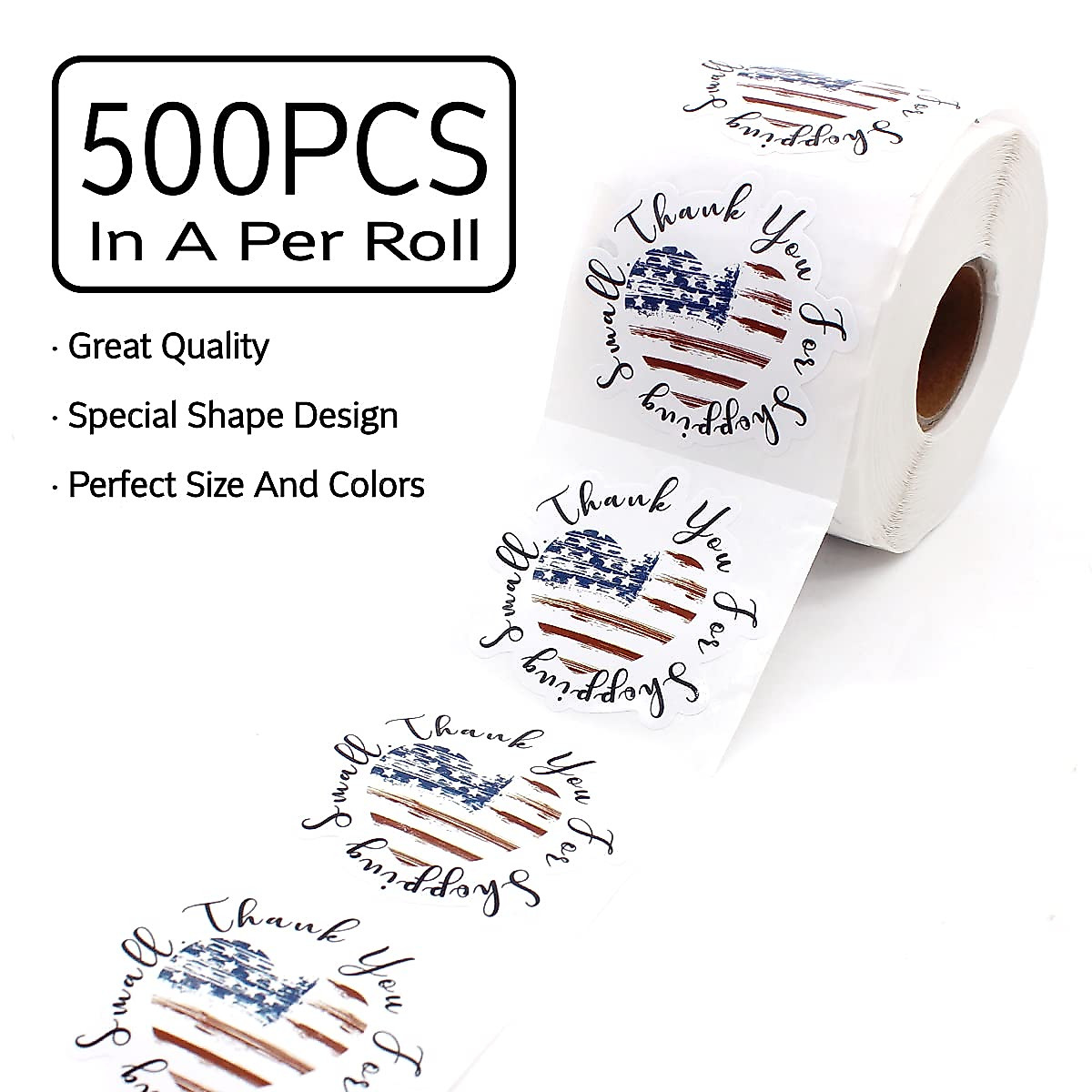 Wailozco 1.5'' America Flag Heart Thank You for Shopping Small Stickers,Handmade Stickers,Business Stickers,Envelopes Stickers for Online Retailers,Handmade Goods,Small Business,500 Labels Per Roll