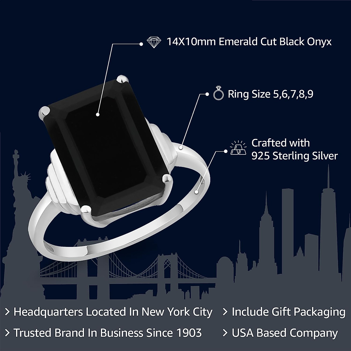 Gem Stone King 925 Sterling Silver Gemstone Birthstone Solitaire Engagement Ring | Emerald Cut 14X10MM Ring For Women | Available In Size 5, 6, 7, 8, 9