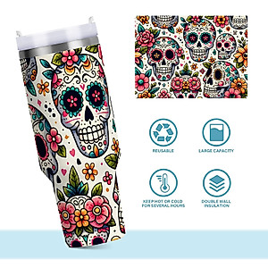 ALAZA Sugar Skull Day Of Dead Flower 40 oz Tumbler Stainless Steel Water Bottle Vacuum Insulated Cup with Straw Lid & Handle For Travel Car Cup Holder