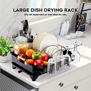 KIBEE Large Dish Drying Rack Drainboard Set,Rustproof Stainless Steel Dish Rack with Utensil Holder,Wine Glass Holder,Dish Drainers for Kitchen Counter (Black)