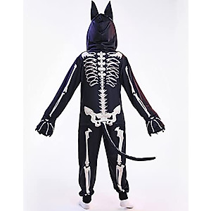 haikyuu Halloween Women Skull Cat Onesie Skeleton Pajama Cosplay Costume Loungewear Hooded Kigurumi Jumpsuit Homewear (large, cat green and black)