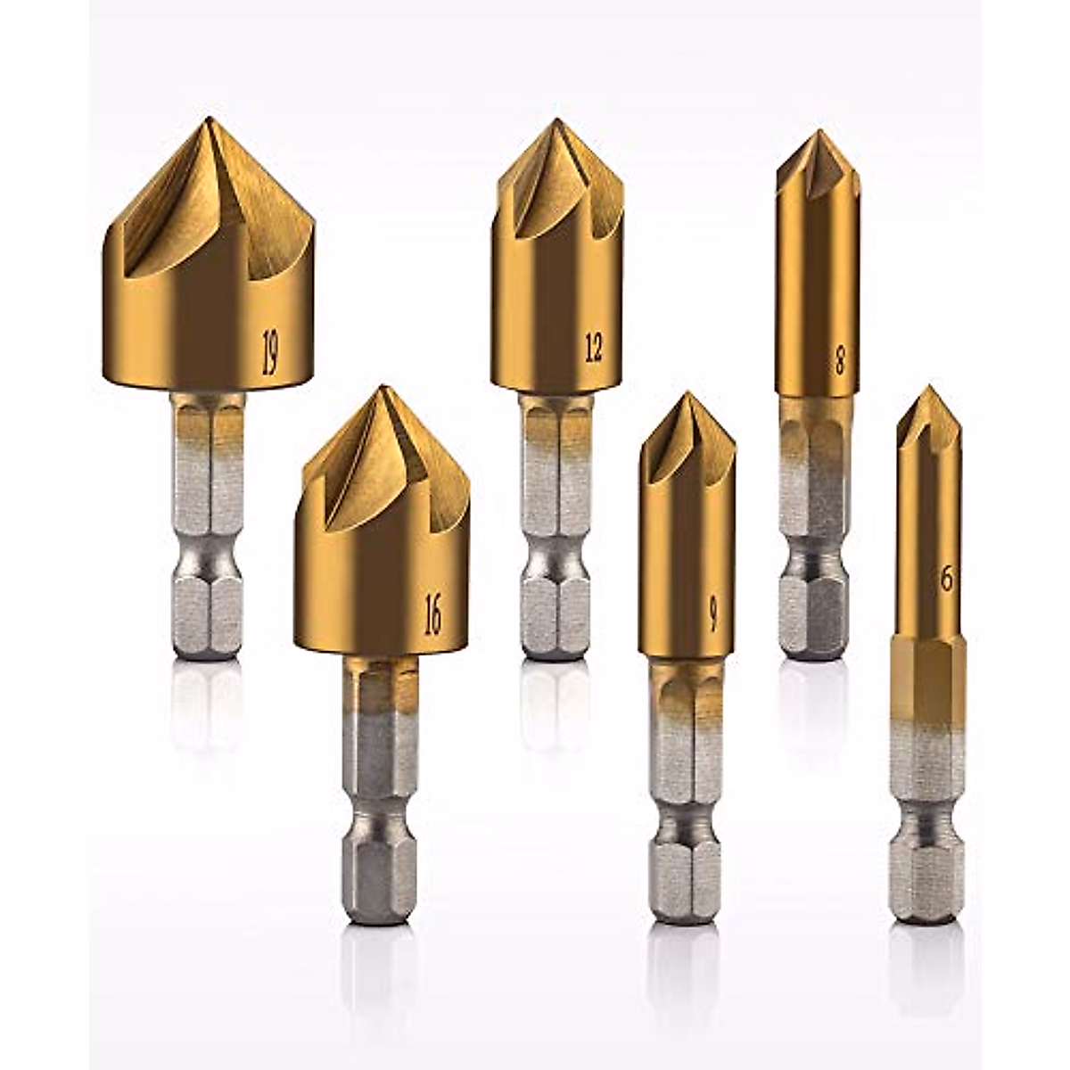 QWORK Countersink Drill Bits Center Punch Set 6 Pcs 1/4'' Hex Shank HSS 5 Flute Countersink 90 Degree Center Punch Tool Sets for Wood Quick Change Bit 6mm-19mm