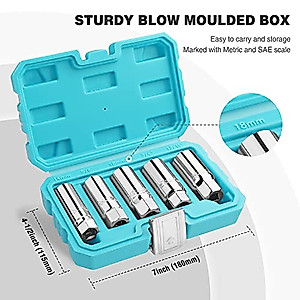 DURATECH 3/8-inch Drive Spark Plug Socket Set, SAE & Metric, 5/8-inch, 3/4-inch, 13/16-inch, 14mm, 18mm, Heat Treated CR-V Steel Sockets with Rubber Retaining Rings, 5-Piece Set