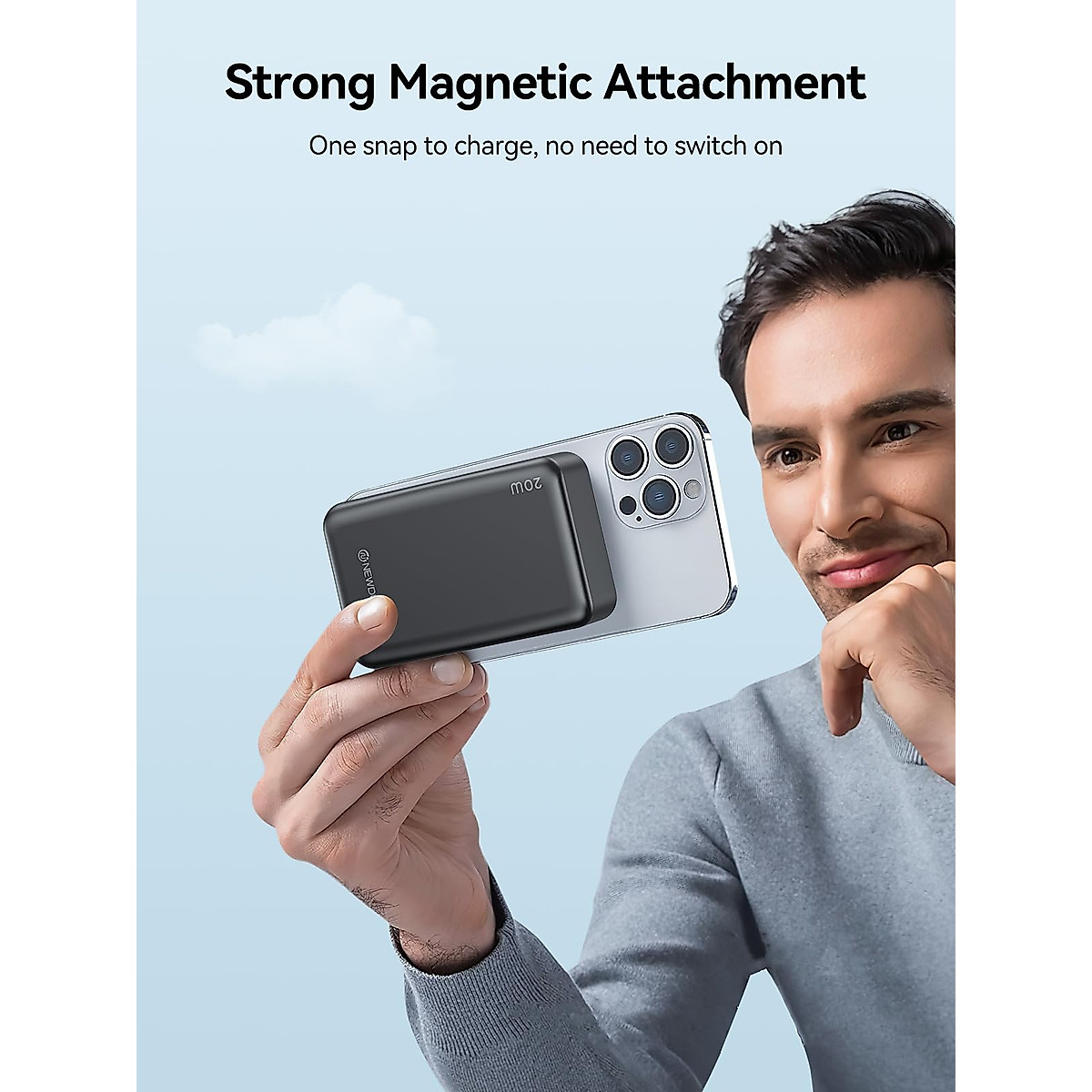 NEWDERY 20000mAh Magnetic Battery Pack, Power Bank PD 20W Fast Charging, Wireless Portable Charger with USB C Cable for iPhone 15/14/13/12/Pro Max/Pro/Plus/Mini and AirPods 3/2/Pro