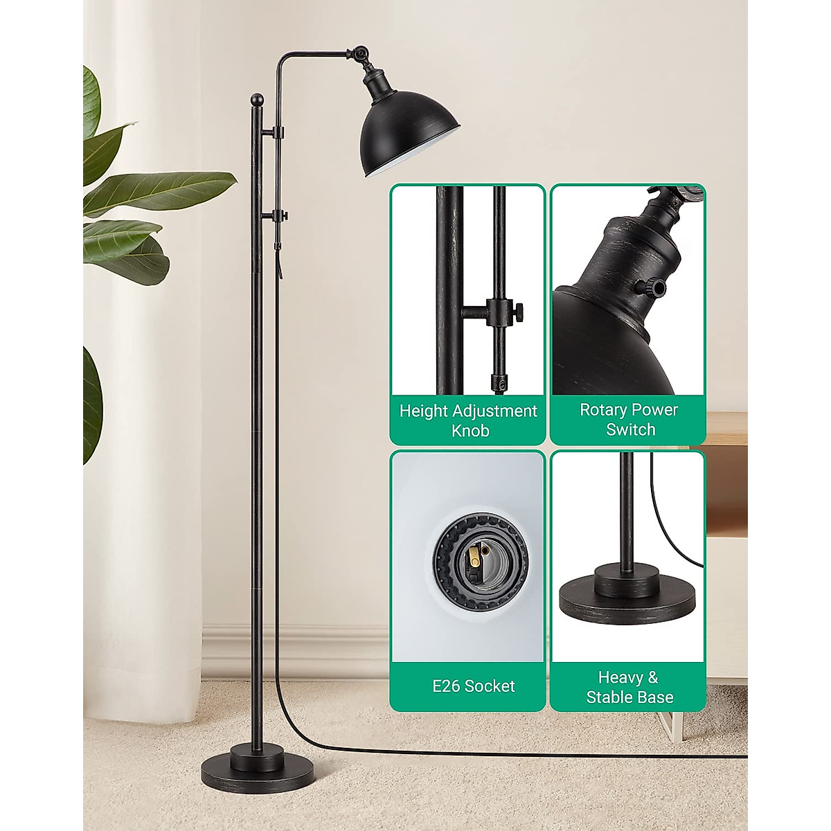 EDISHINE Industrial Floor Lamp, Adjustable Height & Head with Rotary Switch, Rustic Reading Lamp in Aged Black Finish, 65IN Farmhouse Standing Tall Metal Lamp for Living Room, Bedroom, Office